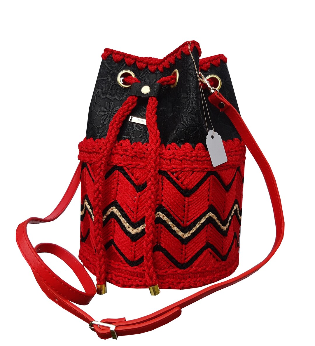 Red Black Leather Bucket Bag Small Drawstring Hobo Bag Floral Embossing ...