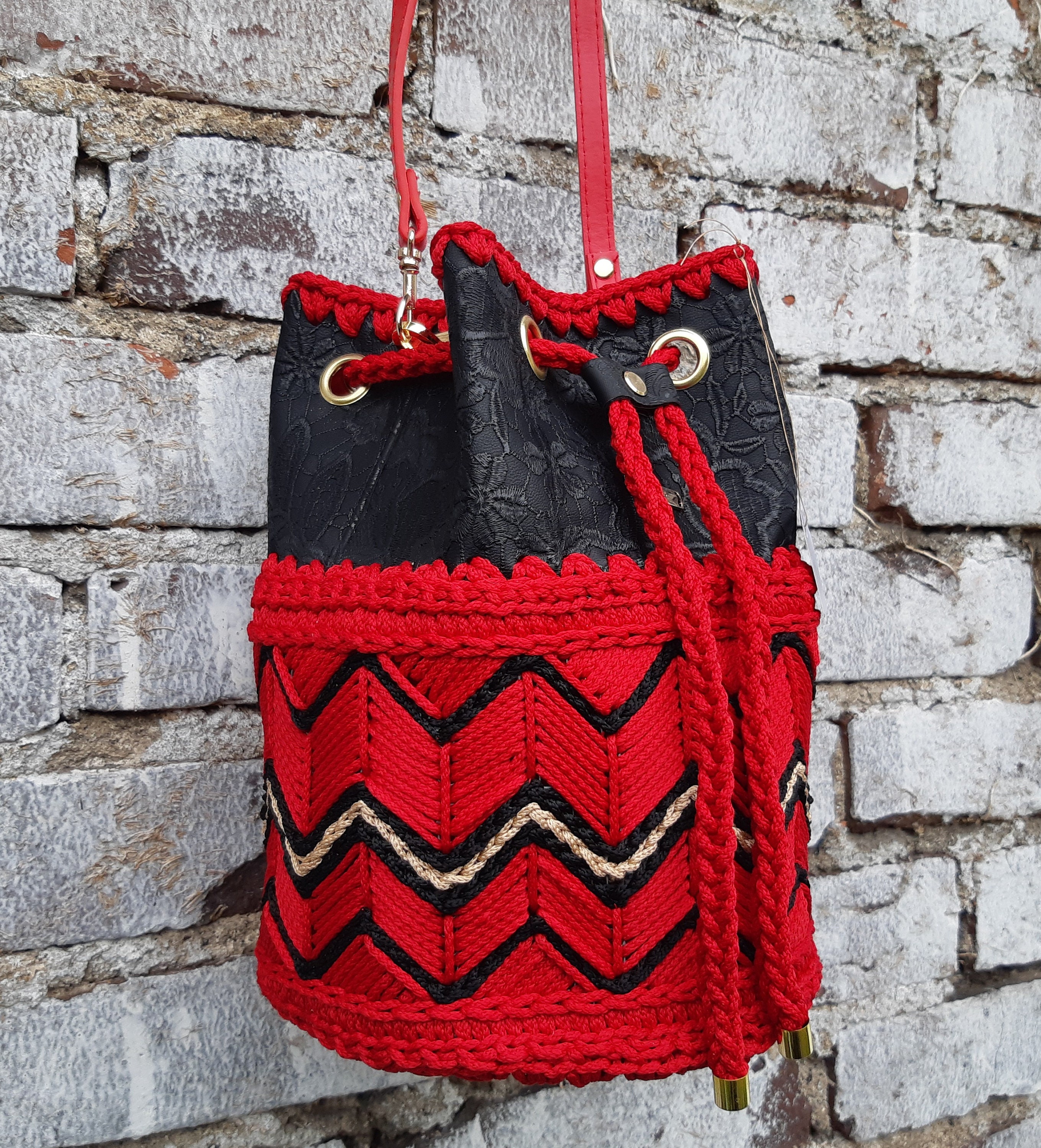Red Black Leather Bucket Bag Small Drawstring Hobo Bag Floral Embossing Gift for Women Teenagers Tribal Bucket Bag Designer Bags Boho Style Etsy UK