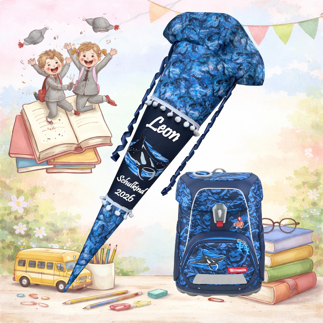 School Cone With Manta Ray and Waves in Blue With Name – Fabric School ...