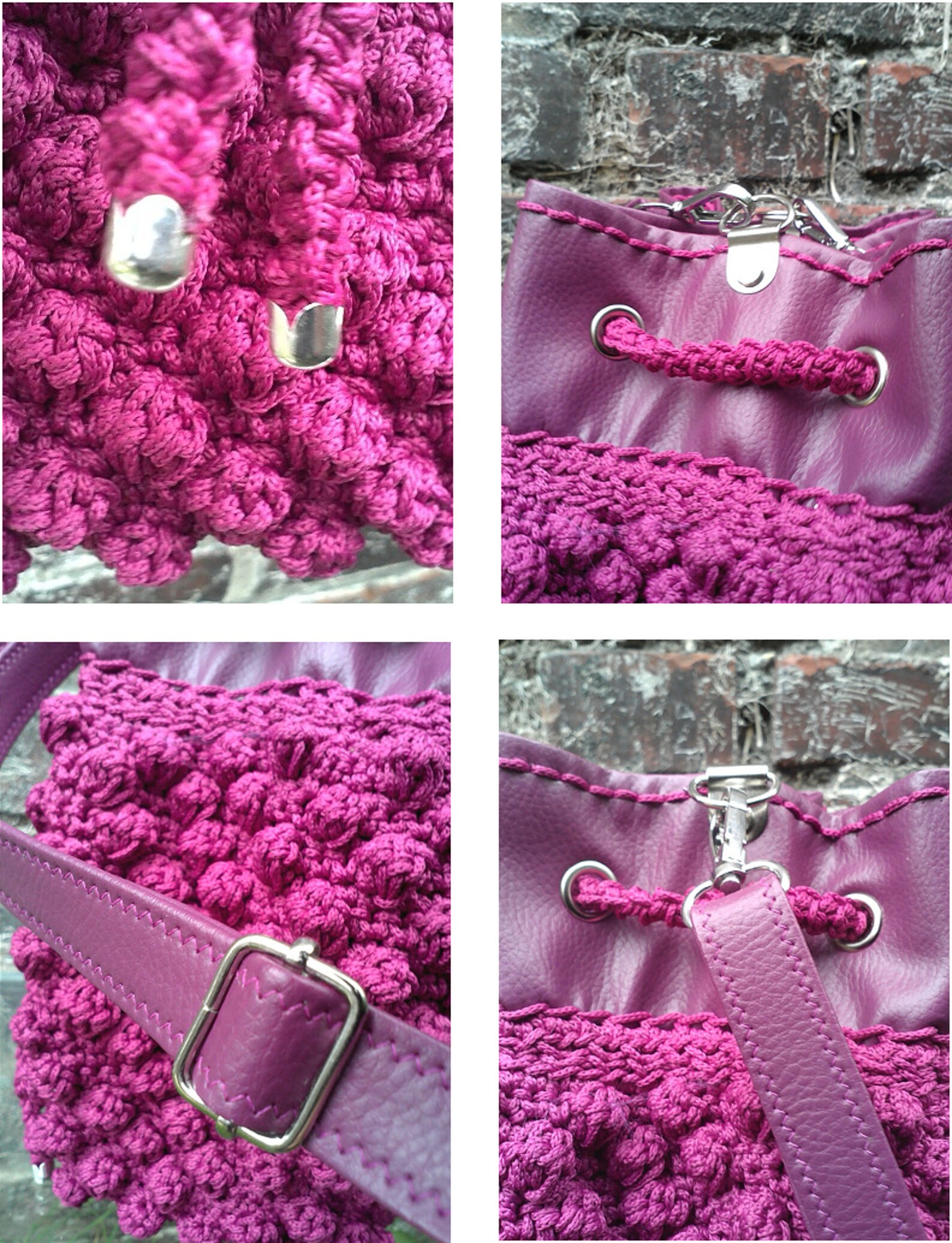 Сrocheted Fuchsia Pink Shoulder Bag With Leather Belt.unusual Bag With ...