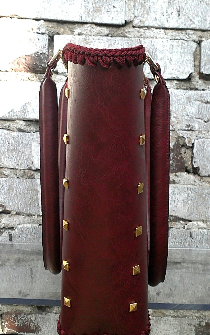 Women's large wine red leather shoulder bag with | Etsy