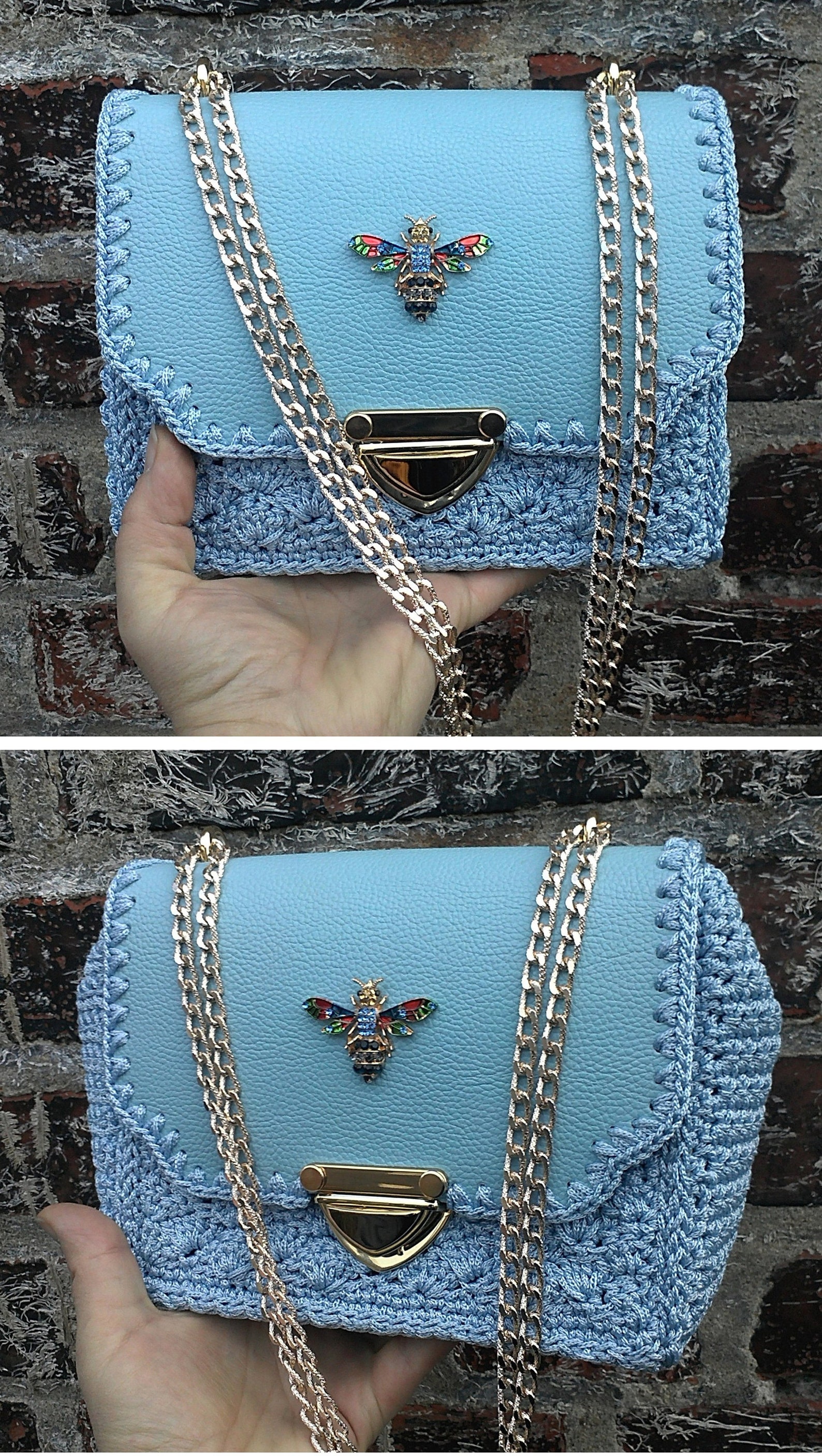 Pastel blue Leather shoulder bag/Small purse with a rhinestone | Etsy