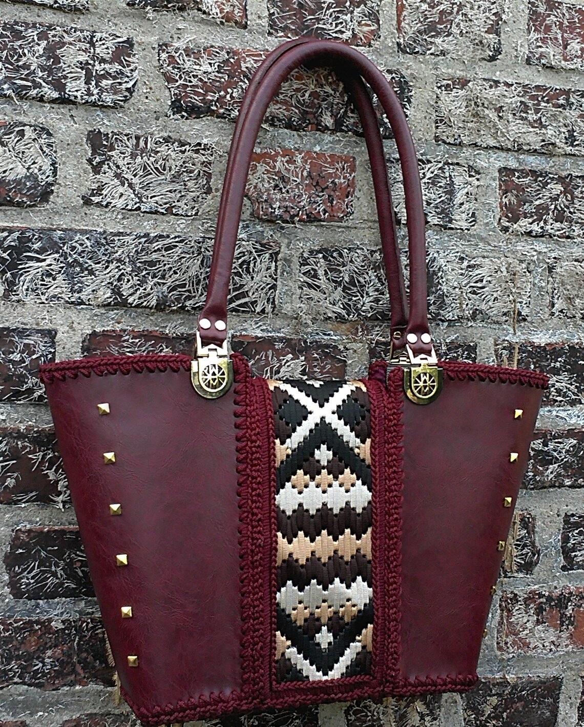 Women's Large Wine Red Leather Shoulder Bag With - Etsy