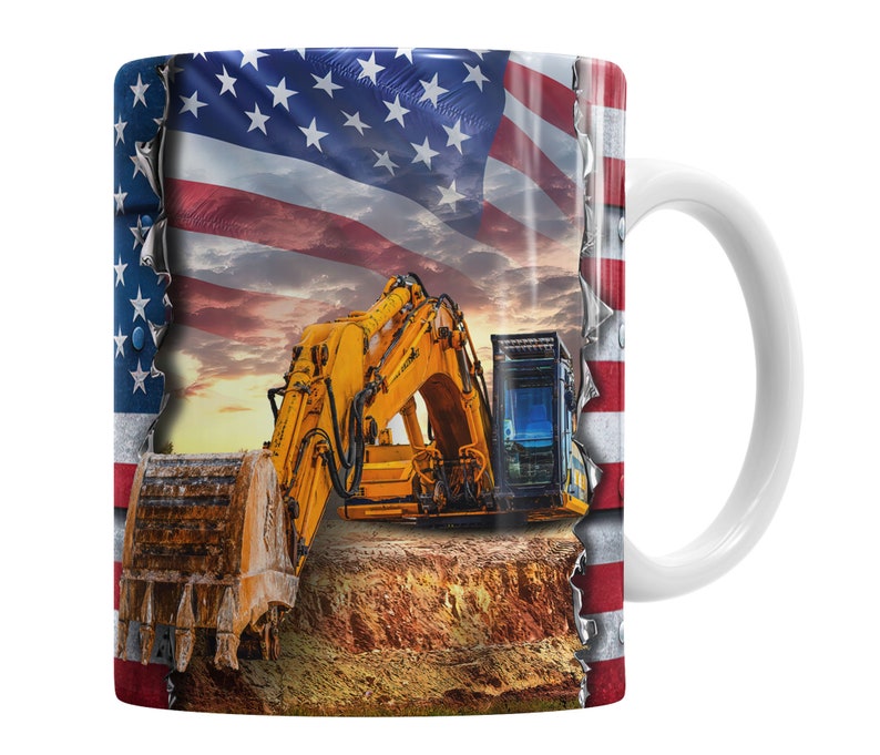 Excavator Construction USA Flag, Skinny Tumbler 20oz 30oz Wrap, Mug ...