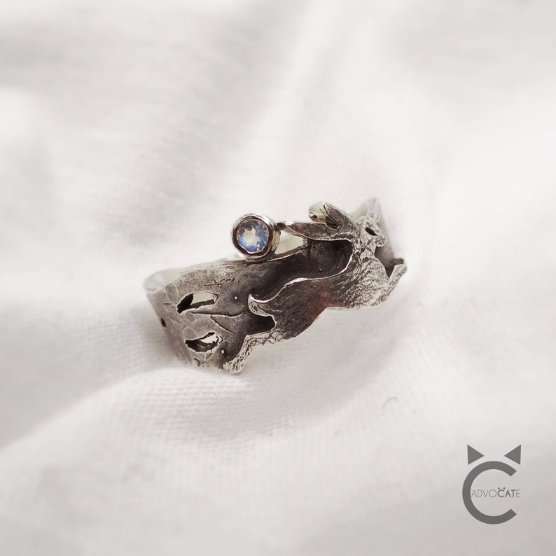 Dark Finish, Rabbit Ring, Moonstone Ring, Moon and Rabbit Ring, Silver ...