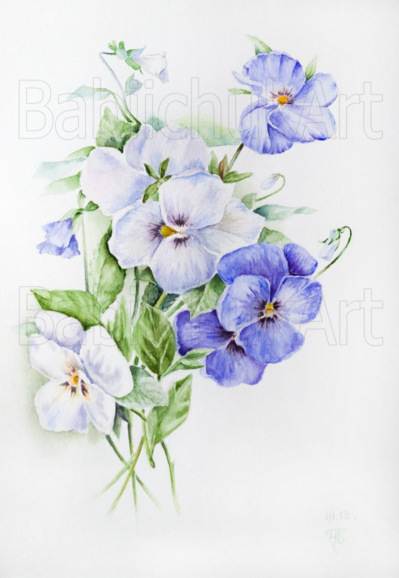 Watercolor Panises Flowers Card. Blue Flowers Printable Note Blank ...