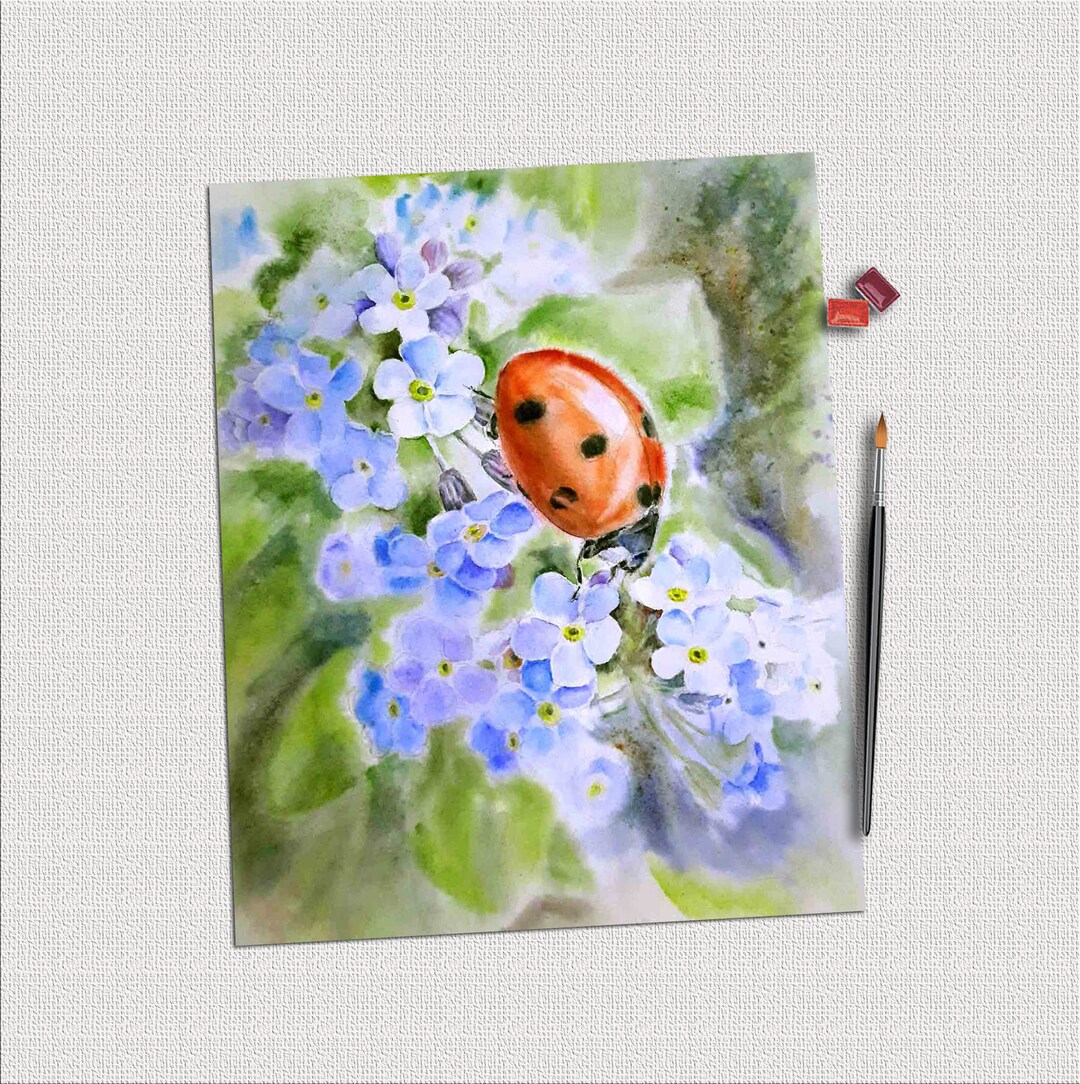 Flowers Forget-me-nots Original Wall Art. Ladybug Painting. - Etsy