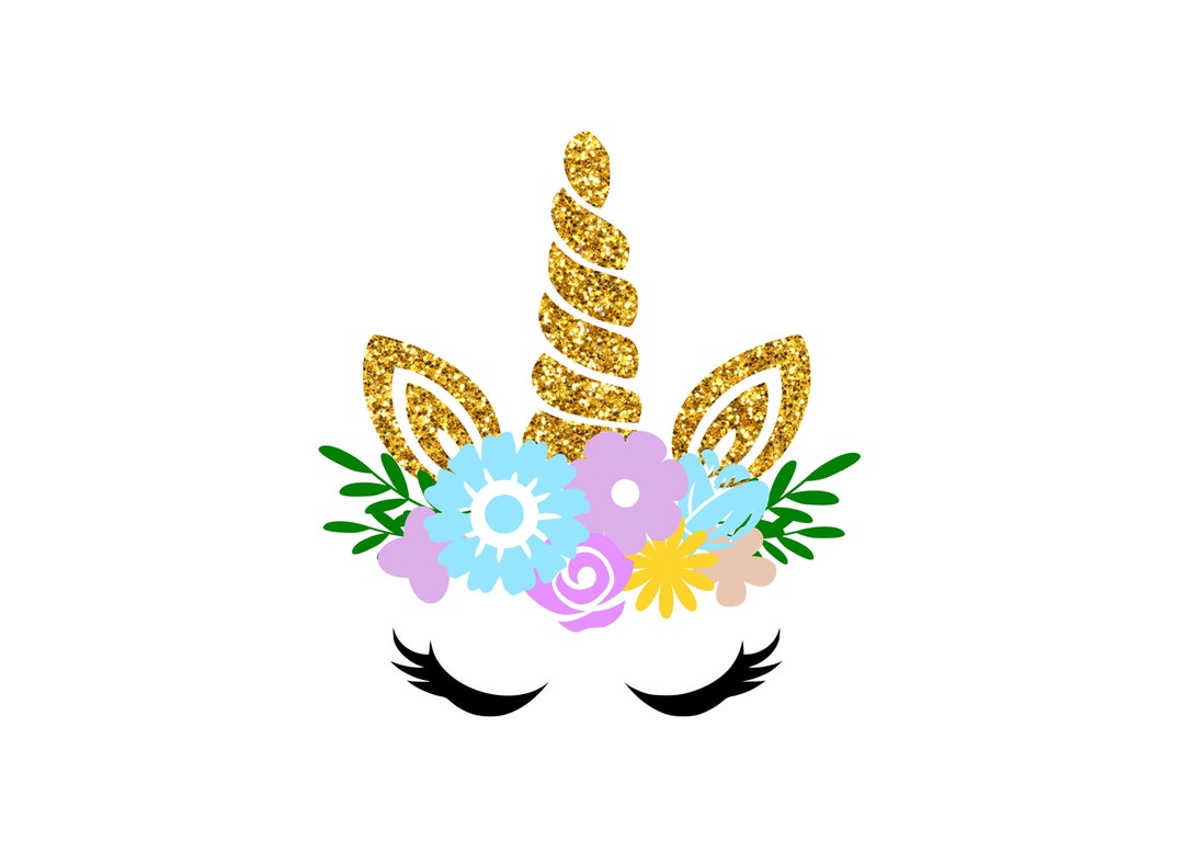 Unicorn With Floral Crown and Gold Glitter Horn - SVG, PNG, EPS, Dxf ...