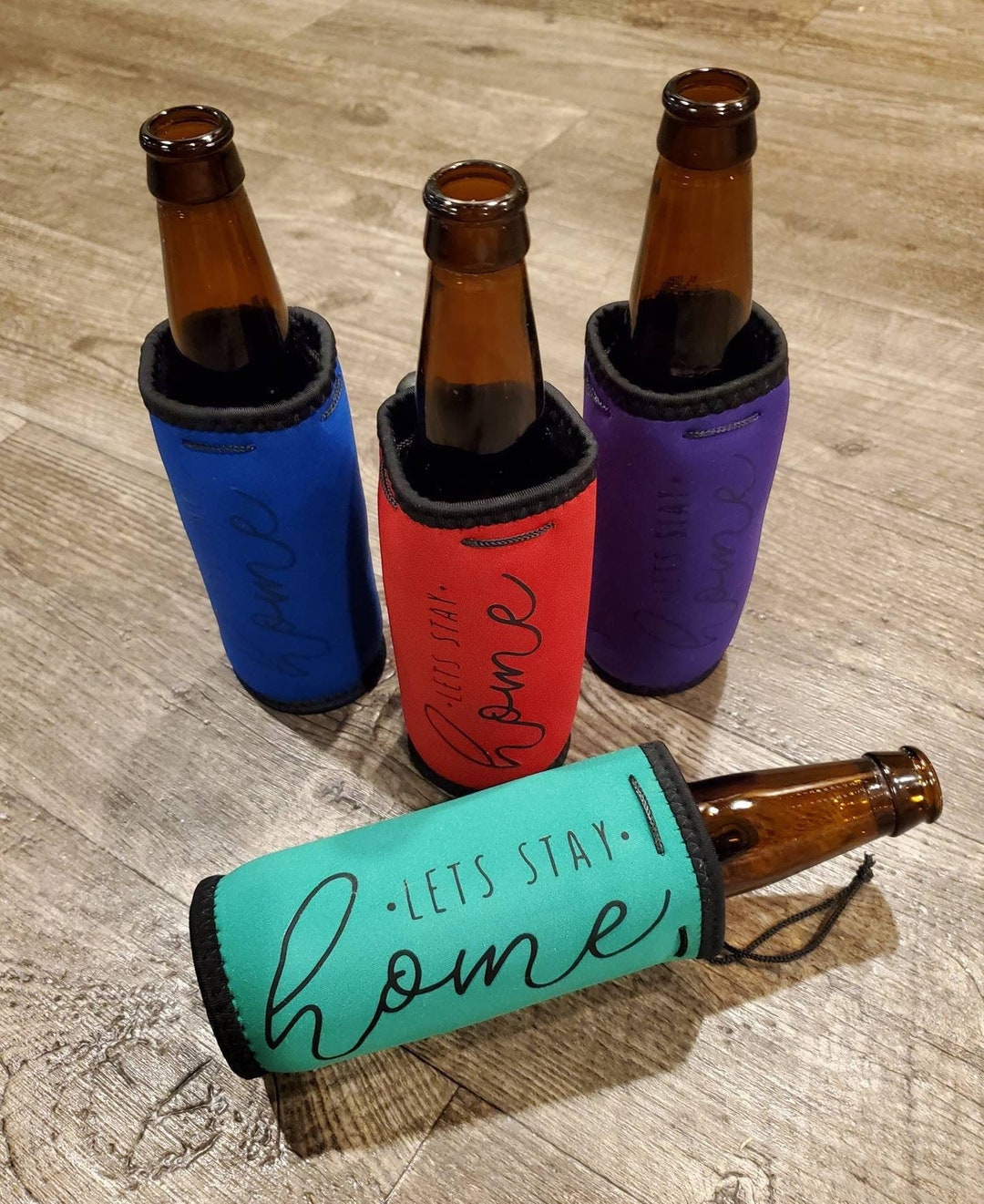 Neoprene Bottle Cooler Sleeve With Carabiner and Cinch Cord, Lets Stay ...