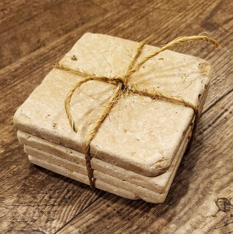 Stone Tile Coaster Set Square Travertine Coaster Gift Set - Etsy