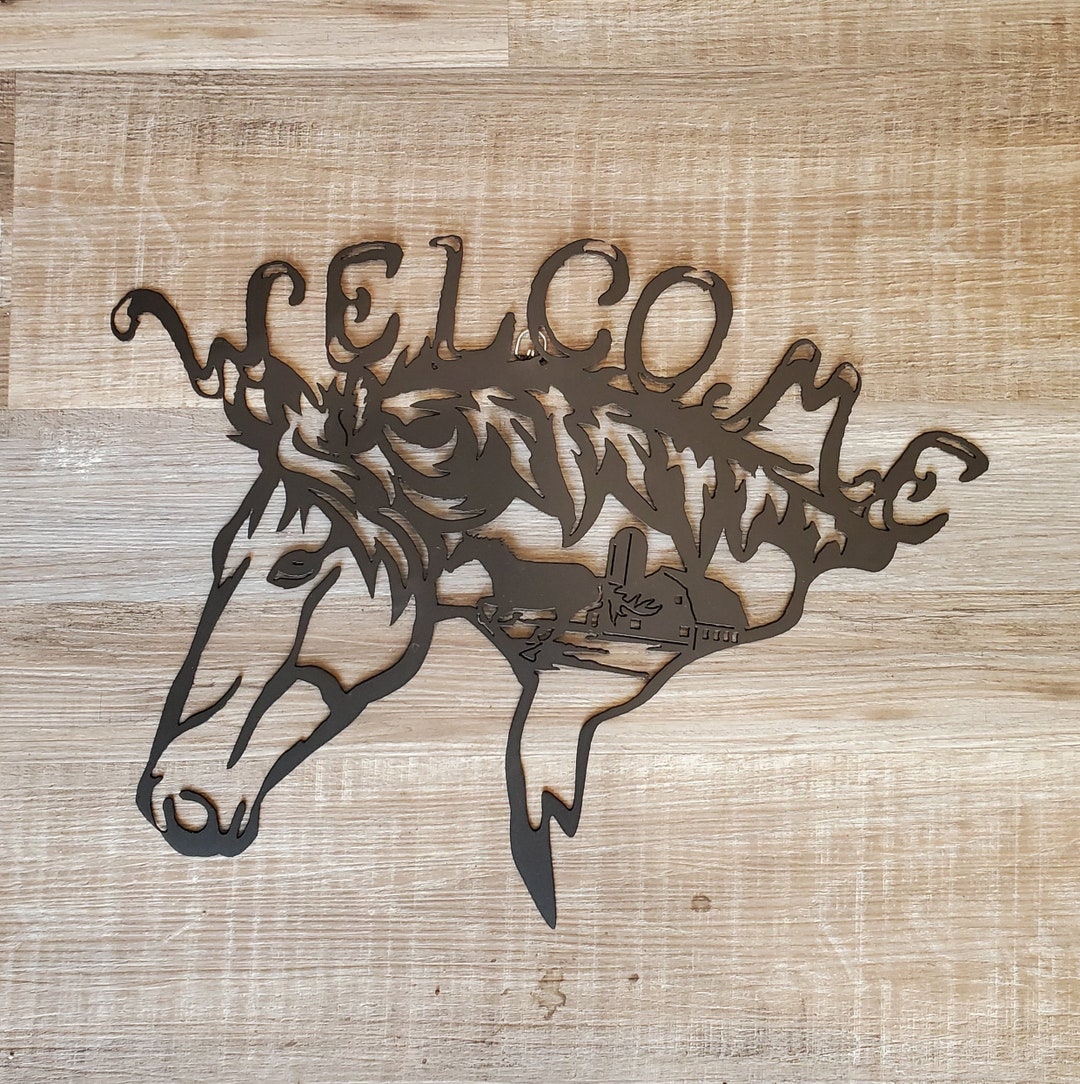 Horse Farm Welcome Sign Steel Cutout Wall Decor, Black Horse Silhouette ...
