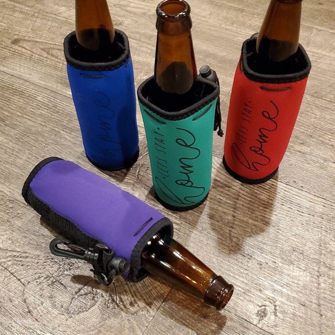 Neoprene Bottle Cooler Sleeve With Carabiner and Cinch Cord, Lets Stay ...