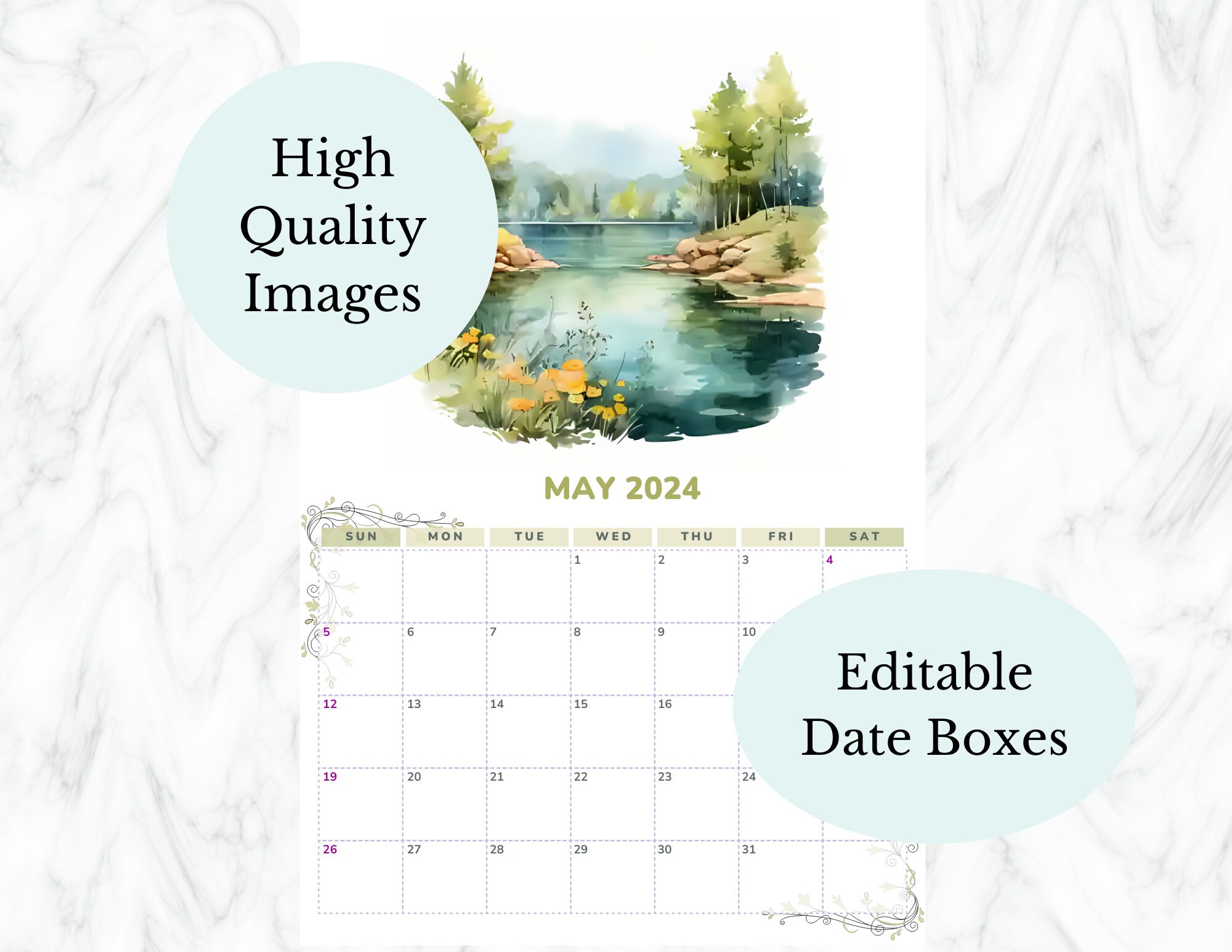 Printable May 2024 Calendar Editable 2 Sheets Nature Scene Wall ...