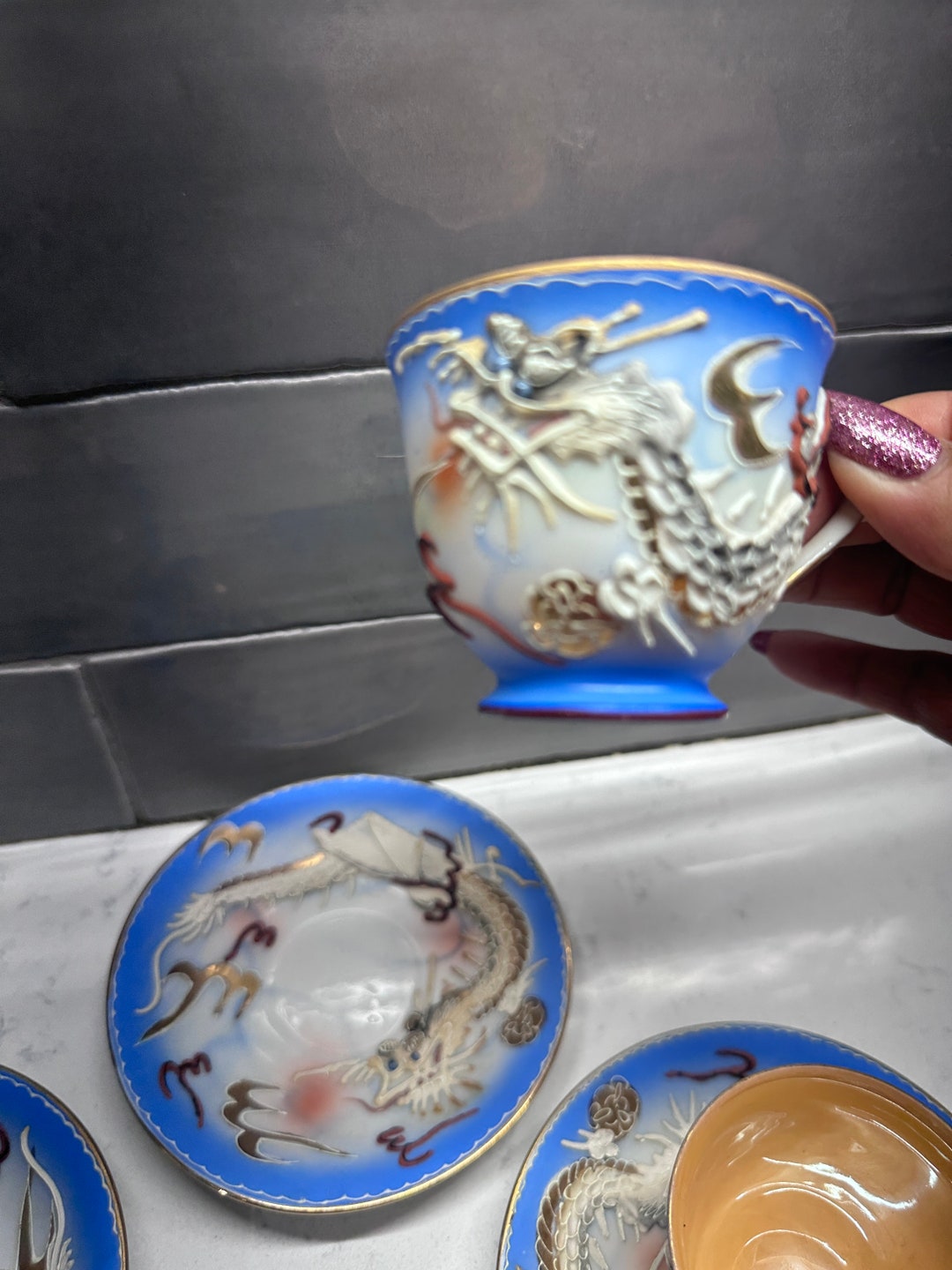 Vintage Dragonware Moriage Geisha Lithophane Demitasse Tea Cups and ...