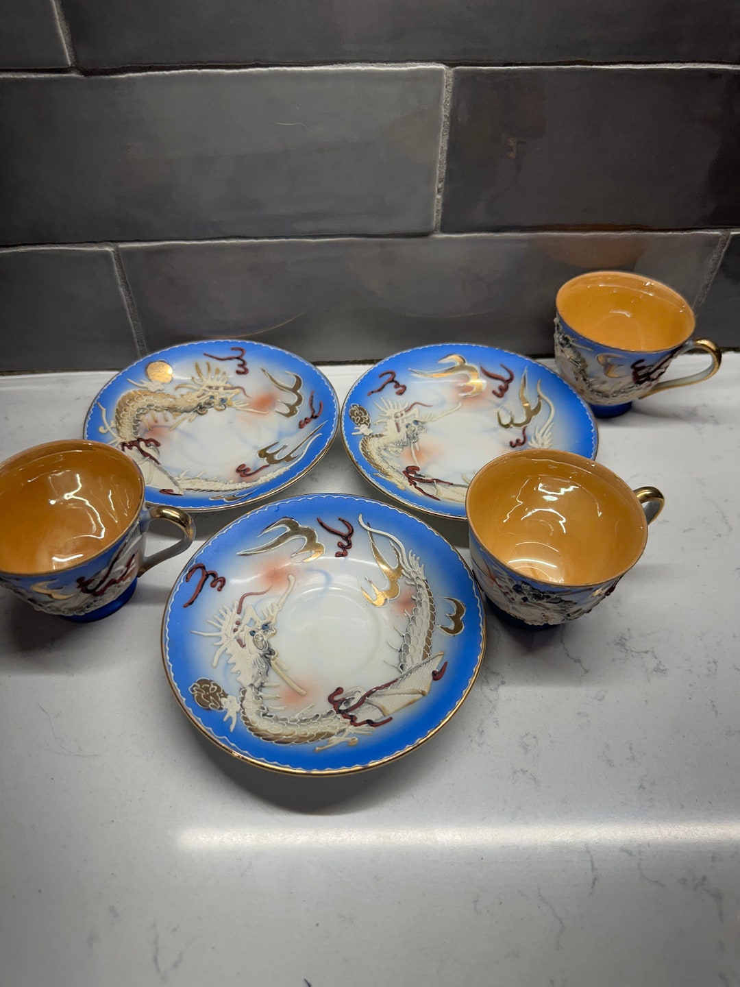 Vintage Dragonware Moriage Geisha Lithophane Demitasse Tea Cups and ...