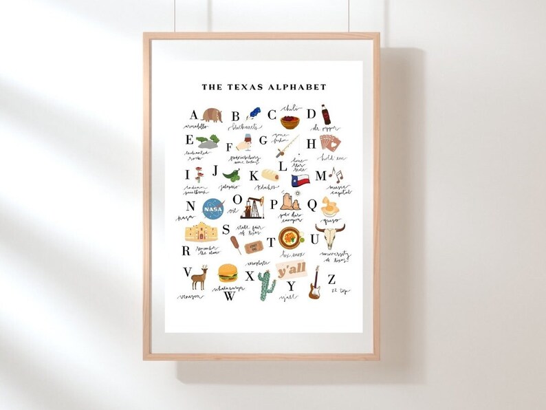 Texas Alphabet Print cursive State of Texas Wall Art Print | Etsy