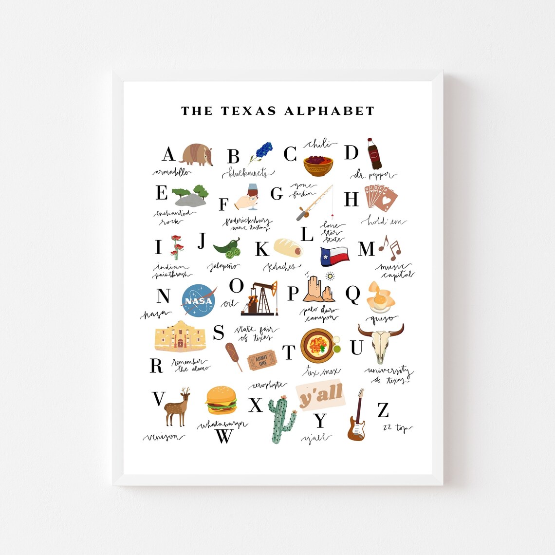 Texas Alphabet Print cursive State of Texas Wall Art Print | Etsy