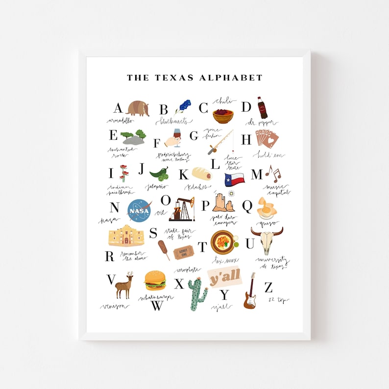 Texas Alphabet Print (cursive) | State of Texas Wall Art Print | Texas ...