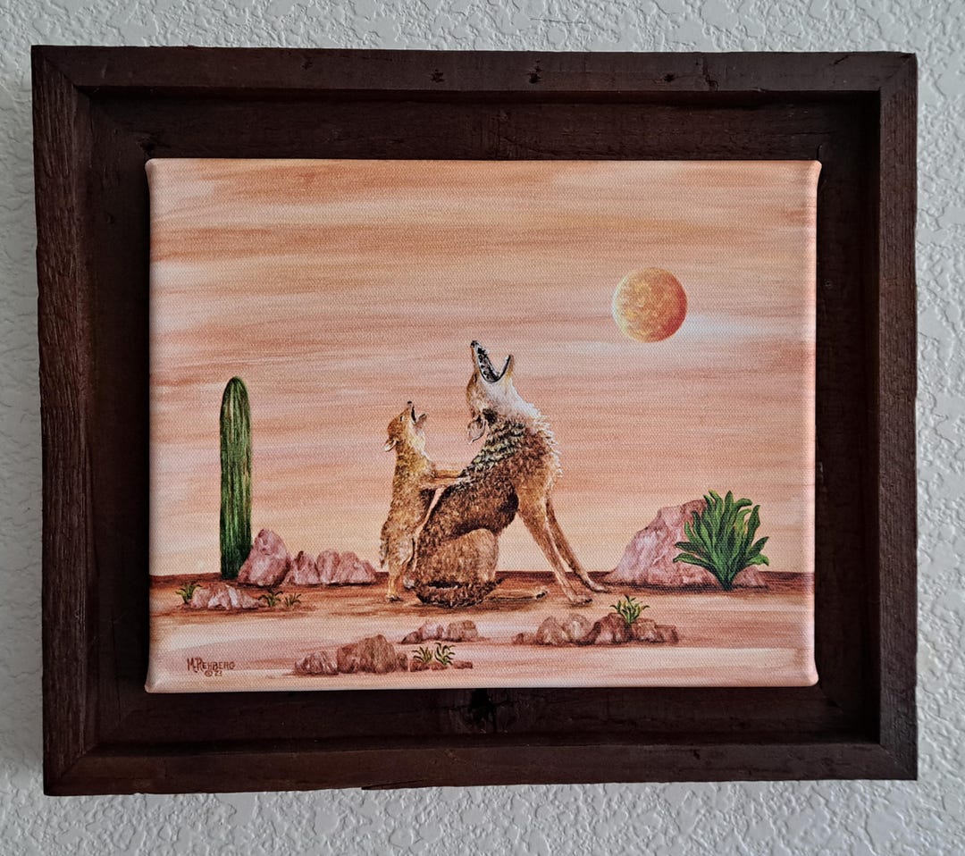 Coyote Painting Giclee Watercolor & Gouache Real Barn Wood Frame Titled ...