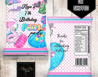 Summer Pool Party Chip Bag, Birthday, Pool Party, Pink, Tropical Chip ...