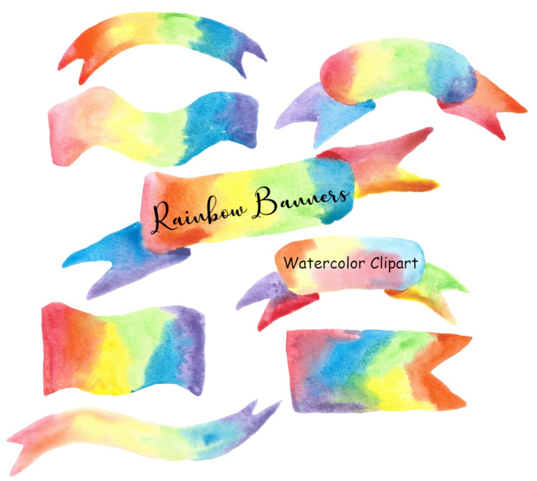 Rainbow Banners Watercolor Clipart, Ribbon Banners Clip Art, 8 Hand ...