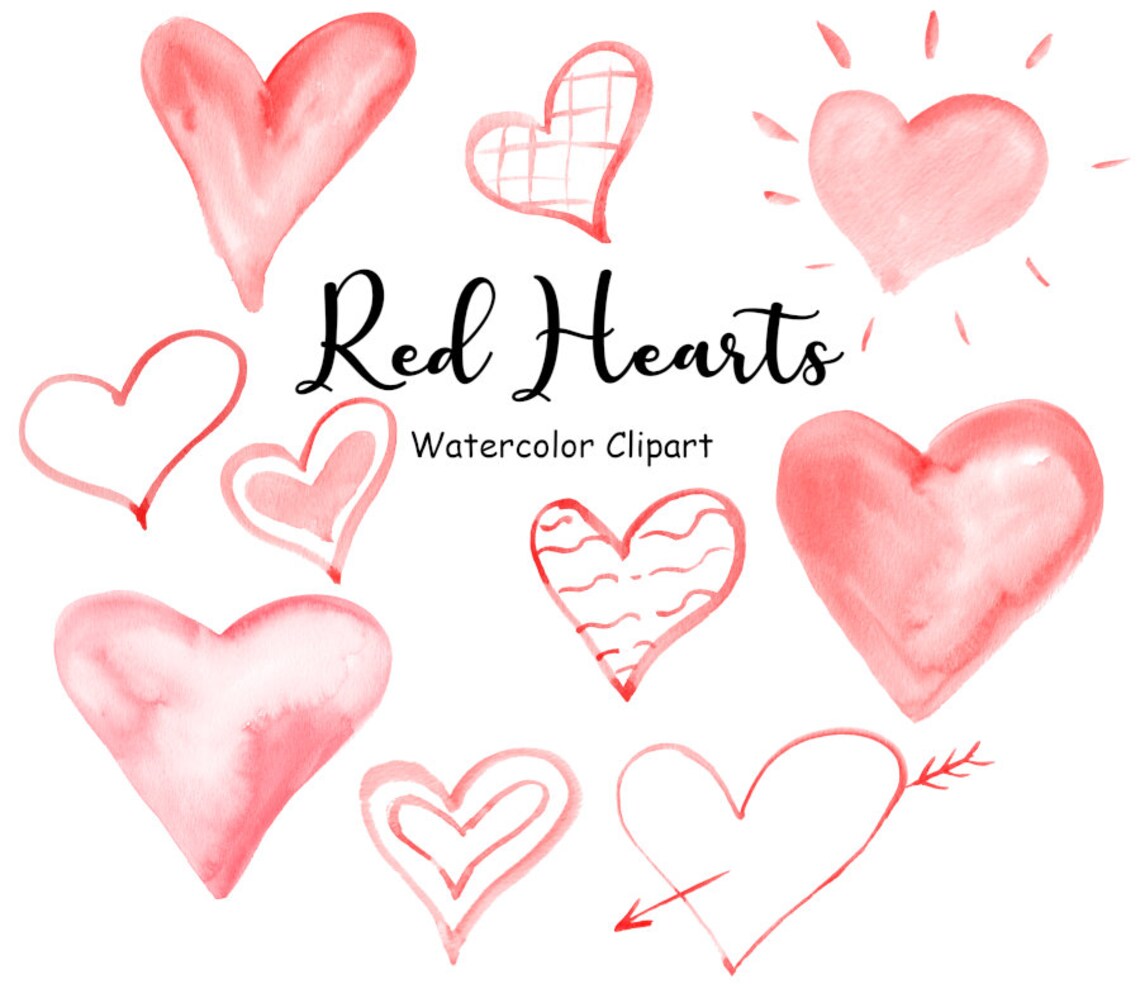 Red Hearts Watercolor Clipart 10 Hand Painted PNG Watercolor | Etsy