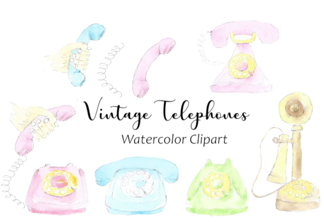Watercolor Telephones Clipart, Vintage Phone Clip Art, 8 Hand Painted ...