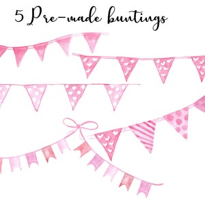 Pink Bunting Watercolor Clipart, Birthday Banner Clipart, Commercial ...