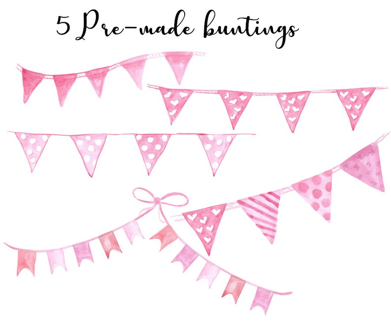 Pink Bunting Watercolor Clipart Birthday Banner Clipart | Etsy