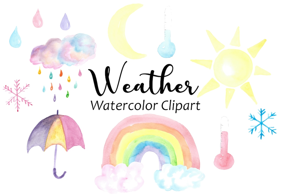 Watercolor Weather Clipart, 14 Hand Painted PNG Watercolor Graphics ...