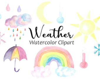 Watercolor Weather Clipart, 14 Hand Painted PNG Watercolor Graphics ...