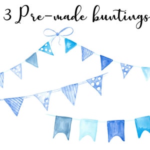 Blue Bunting Watercolor Clipart, Birthday Banner Clipart, Commercial ...