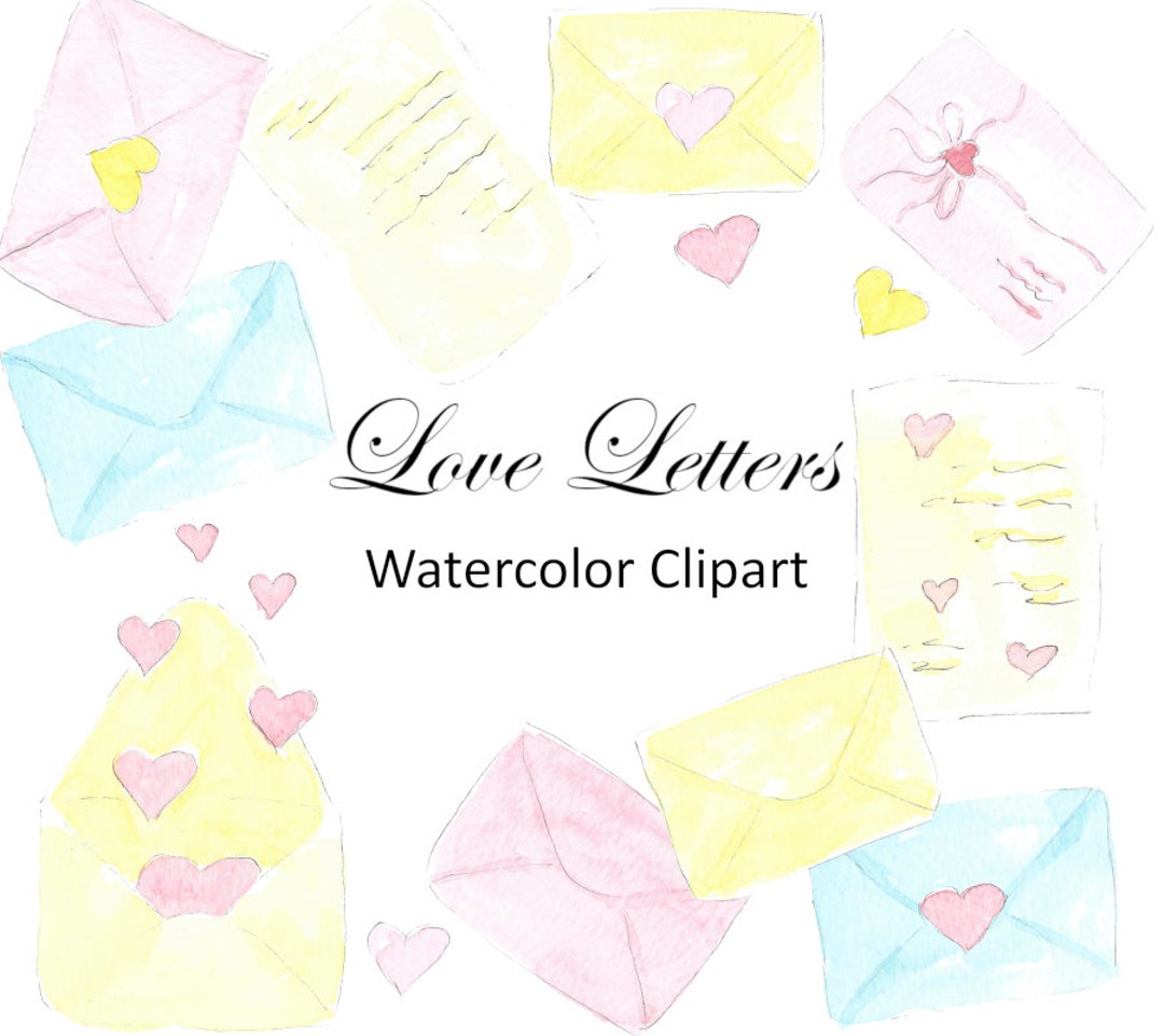 Love Letters Watercolor Clipart, Valentine's Day Mail Clip Art, Hand ...