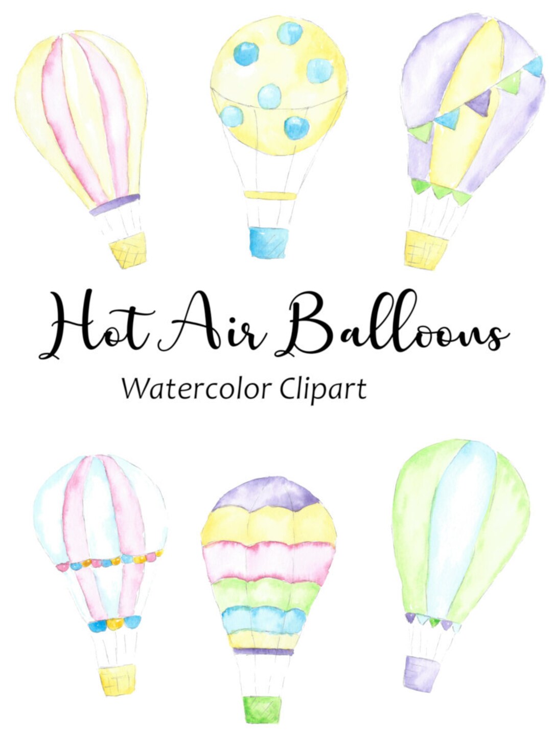 Hot Air Balloon Watercolor Clipart, 6 Hand Painted PNG Watercolor ...