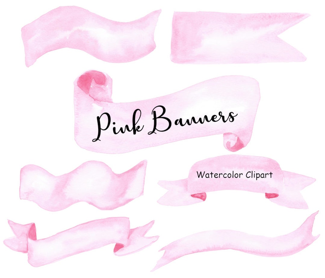 Pink Banners Watercolor Clipart, Ribbon Banners Clip Art, 8 Hand ...