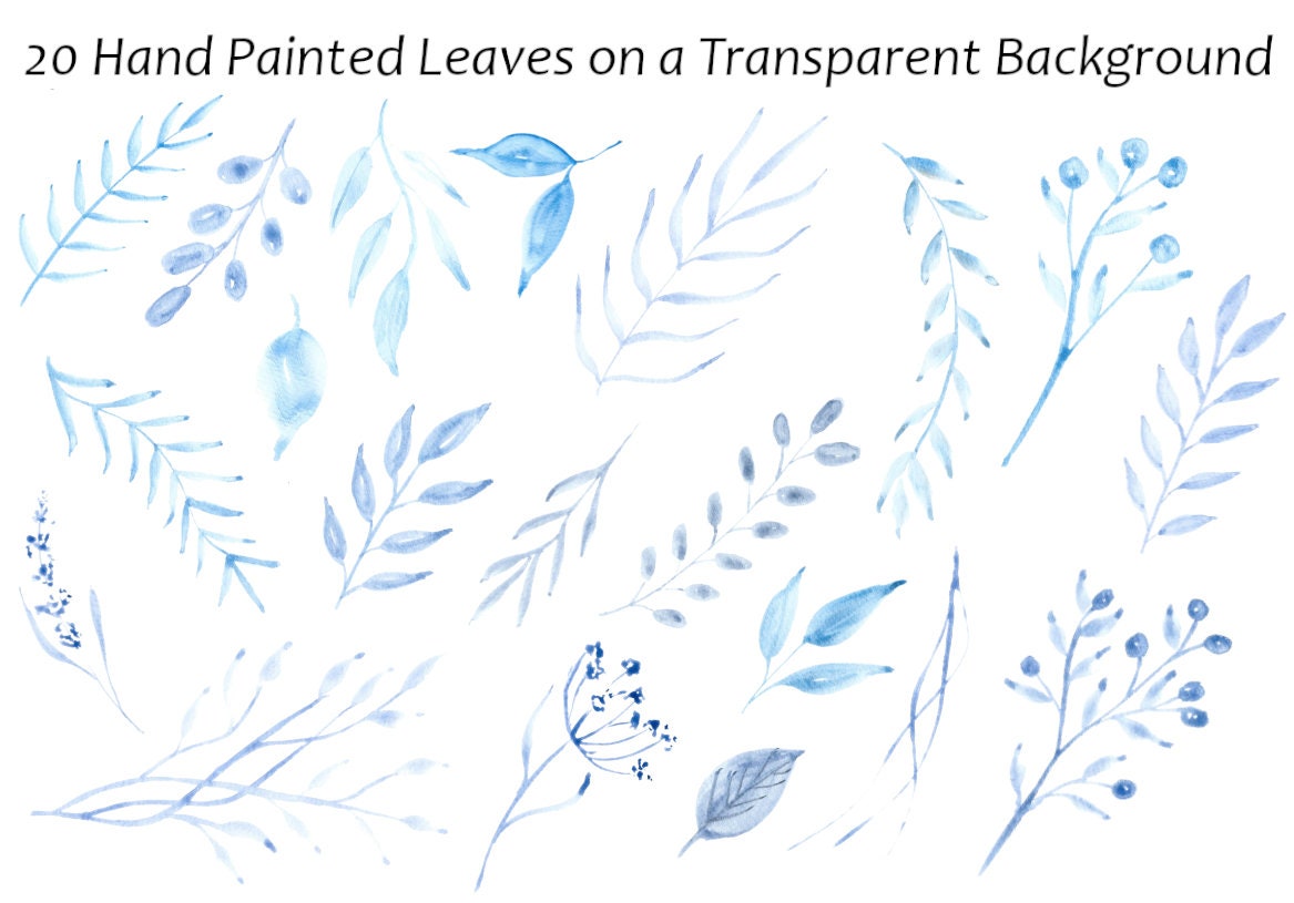 Blue Leaves Watercolor Clipart Greenery Clip Art 20 Hand | Etsy
