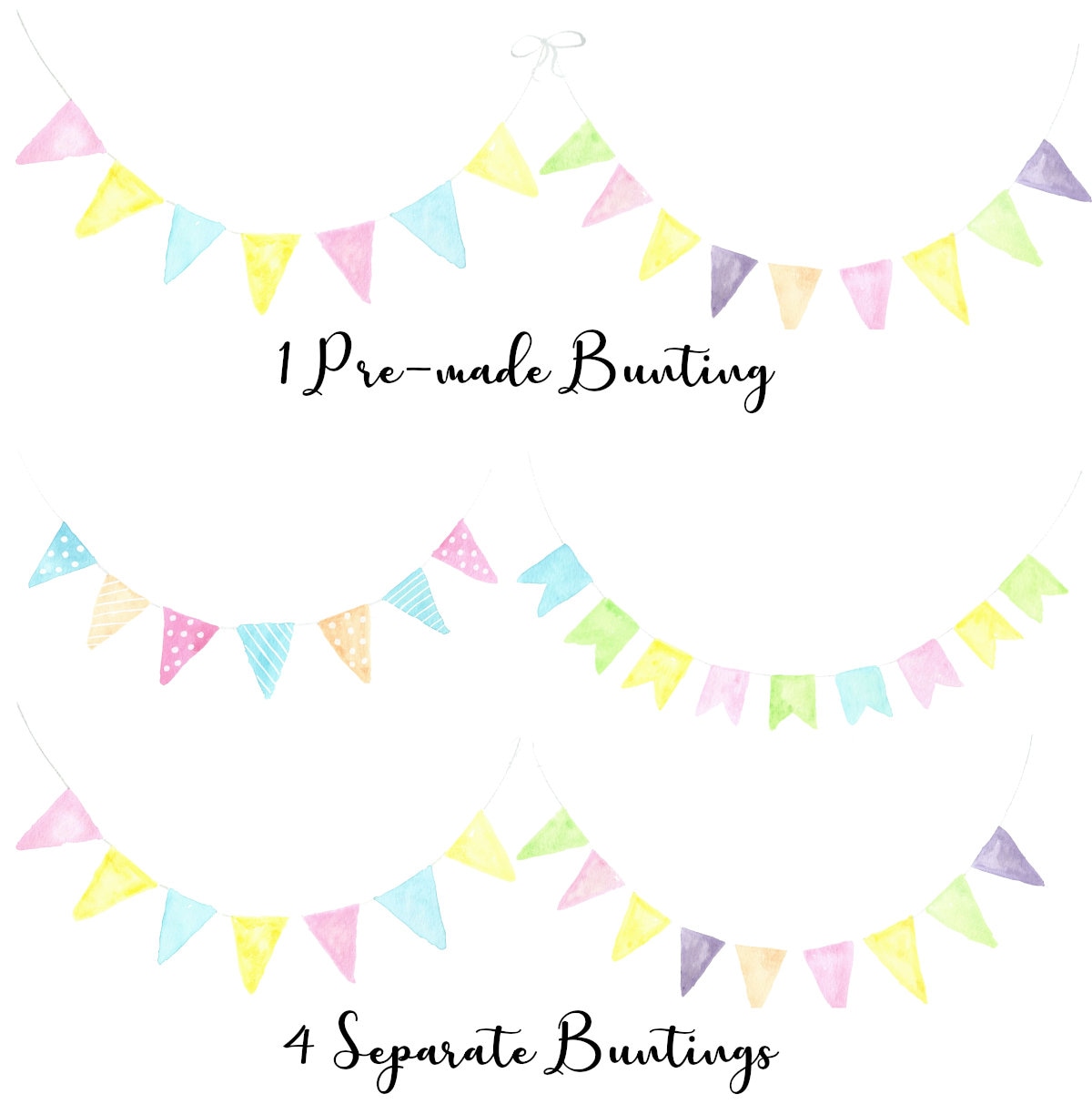 Pastel Bunting Watercolor Clipart, Birthday Banner Clipart, Commercial ...