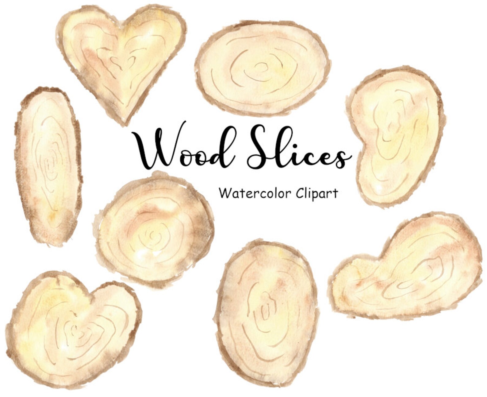 Watercolor Wood Slice Clipart, Rustic Tree Slice Clip Art, 8 Hand ...