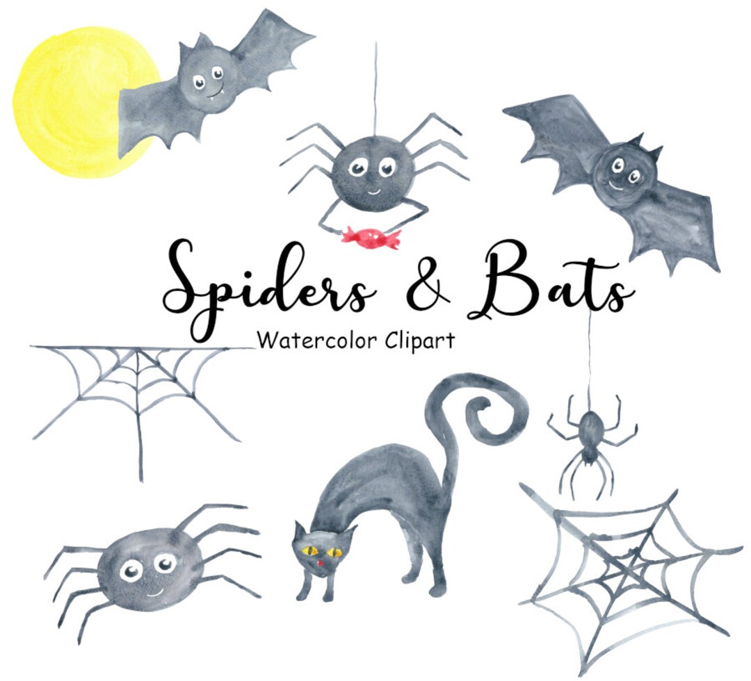 Watercolor Spider Bat Cat Halloween Animal Clipart, 10 Hand Painted PNG ...
