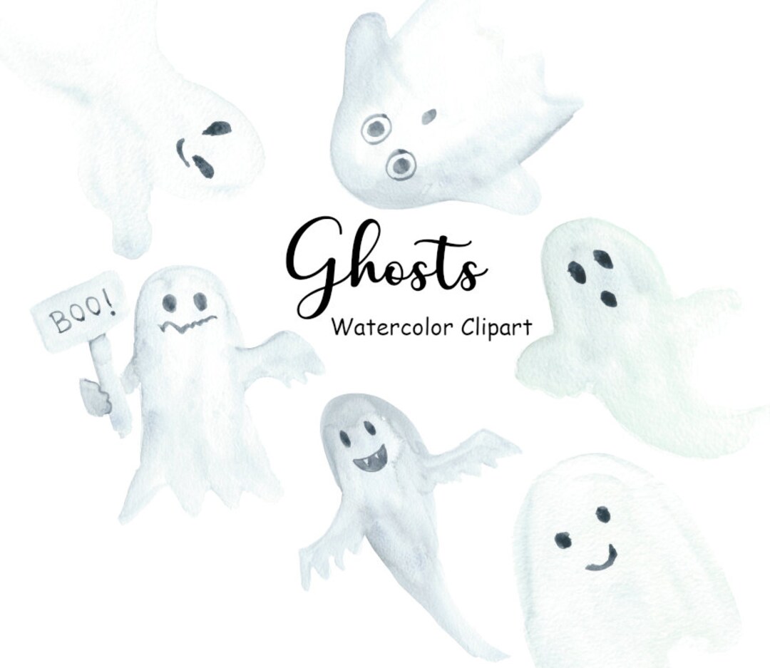 Watercolor Ghosts Halloween Clipart, 6 Hand Painted PNG Watercolor ...