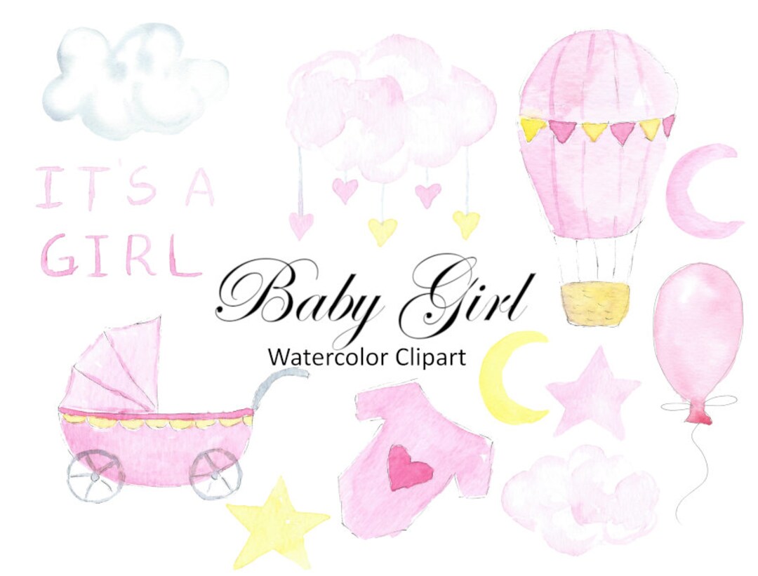Baby Girl Watercolor Clipart, Pink Baby Shower Clip Art Invitation ...