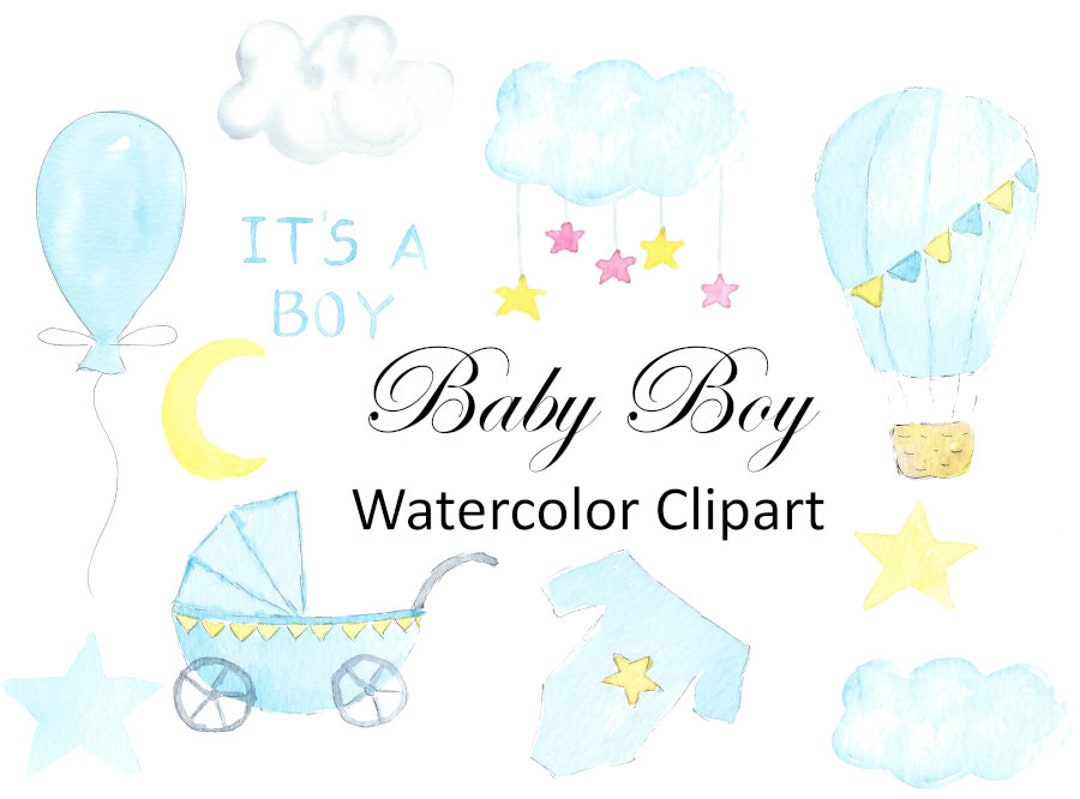 Baby Boy Watercolor Clipart, Blue Baby Shower Clip Art Invitation ...