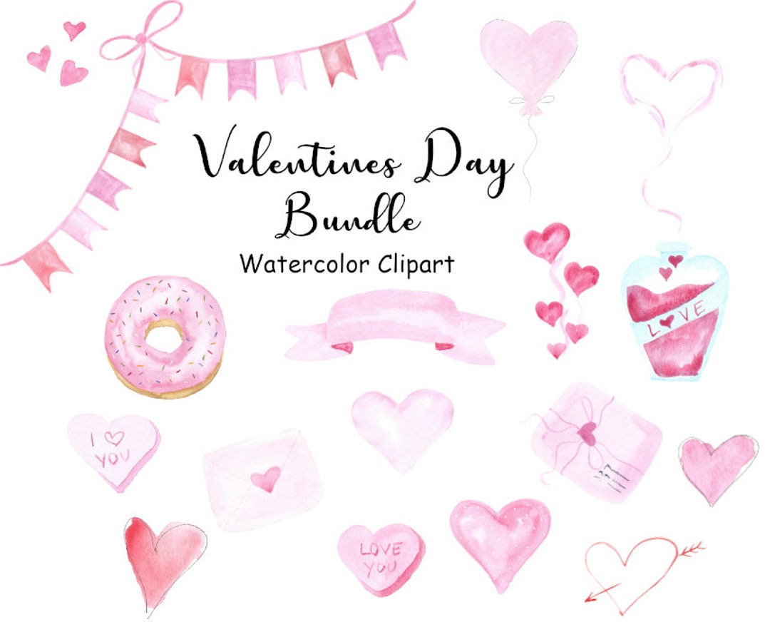 Watercolor Valentines Day Clipart Bundle, Watercolor Heart Clipart Clip ...