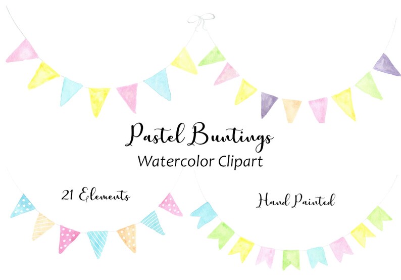 Pastel Bunting Watercolor Clipart, Birthday Banner Clipart, Commercial ...