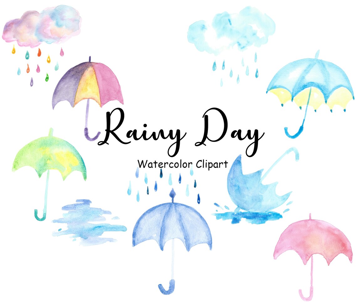 Watercolor Umbrellas and Rain Clipart Rainy Day Clip Art 10 | Etsy