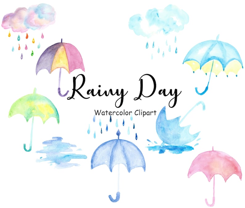Watercolor Umbrellas and Rain Clipart Rainy Day Clip Art 10 | Etsy