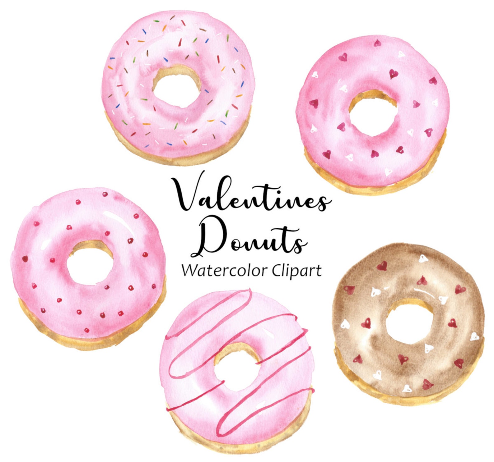 Watercolor Valentine Donuts Clipart Food Clip Art 5 Hand | Etsy