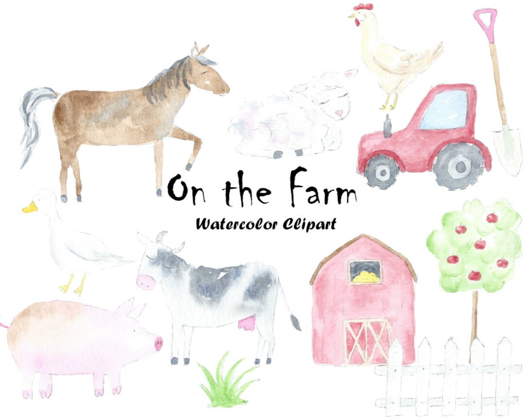 Farm Animals Watercolor Clipart Illustration, Hand Painted PNG Graphics ...