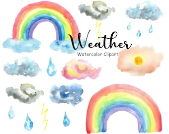 Watercolor Weather Clipart, 14 Hand Painted PNG Watercolor Graphics ...