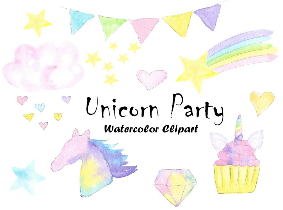 Unicorn Party Watercolor Clipart Illustration, Hand Painted PNG Cute ...